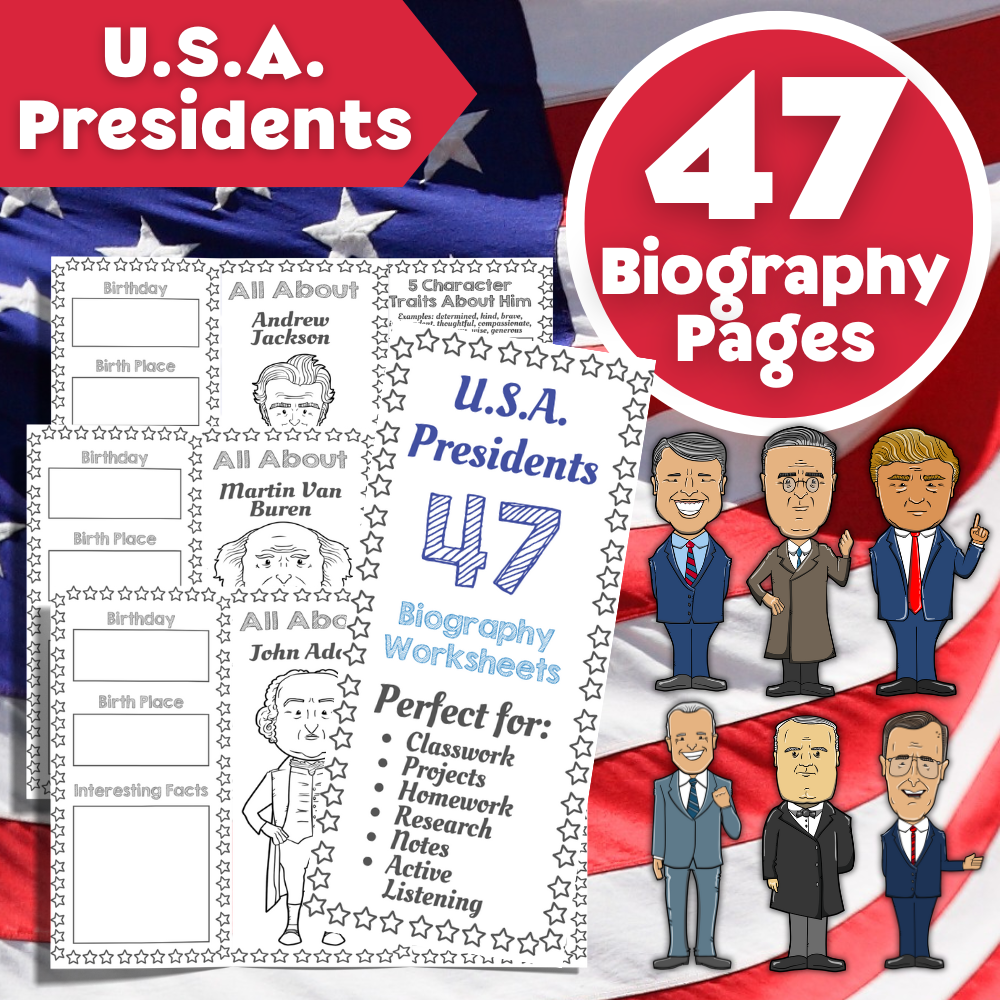U.S.A. Presidents - 47 Biography Worksheets 🇺🇸 2025 – Bingo Printables